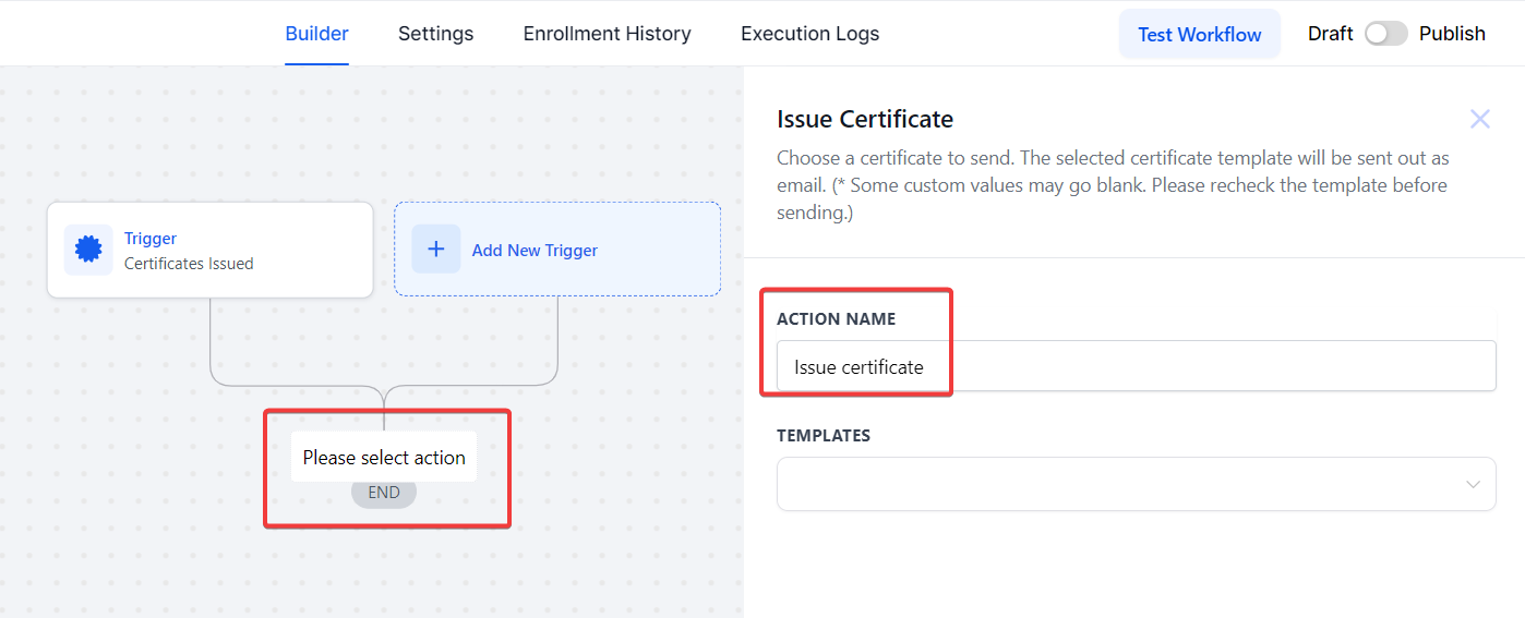 Workflow Action Issue Certificate Captivation Hub