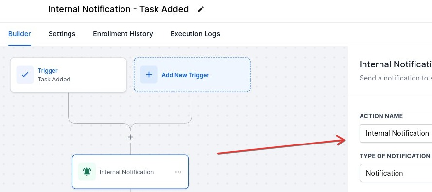 Workflow Action Send Internal Notification Captivation Hub