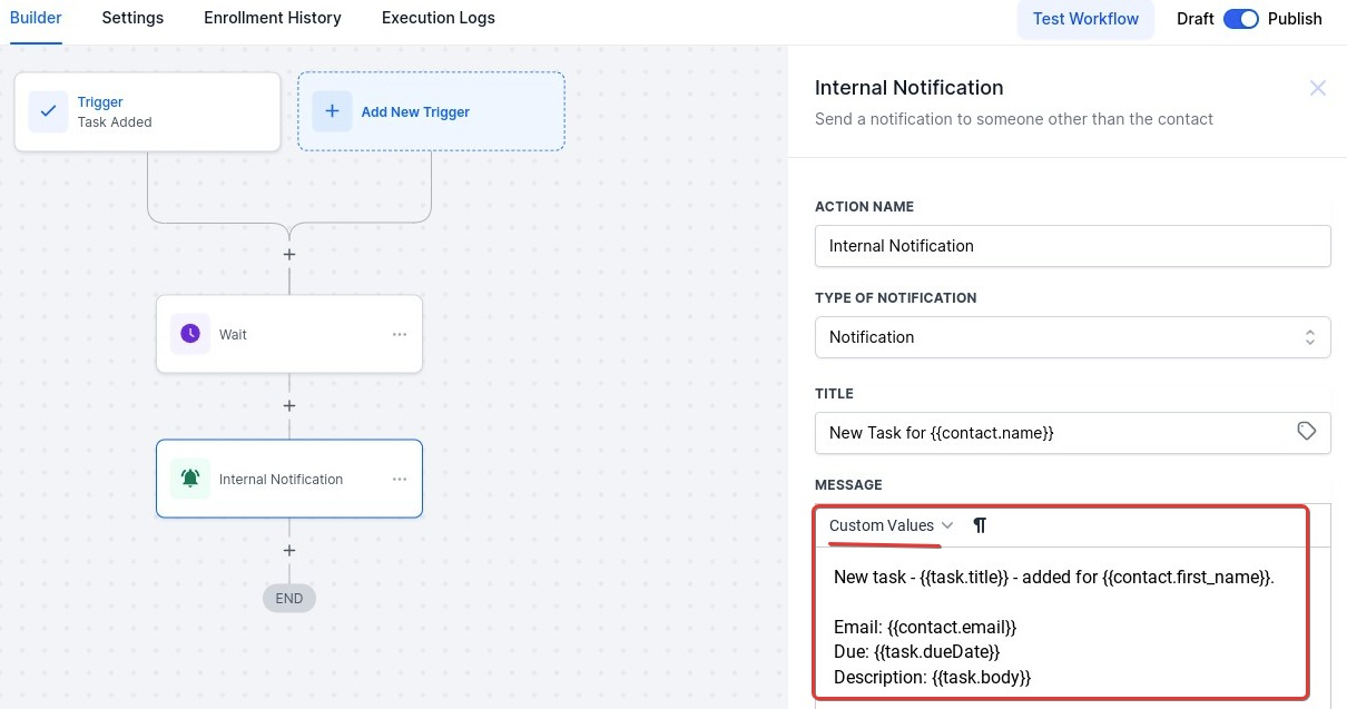 Workflow Action Send Internal Notification Captivation Hub