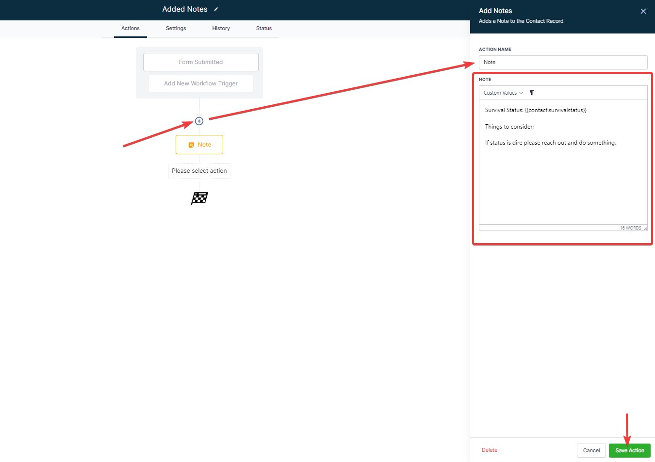 Workflow Action Add To Notes Captivation Hub